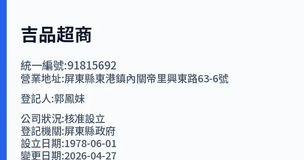 吉品超商的照片-統編 91815692(屏東縣) 公司登記資料與營業項目詳細圖表