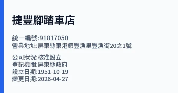 捷豐腳踏車店的照片-統編 91817050(屏東縣) 公司登記資料與營業項目詳細圖表