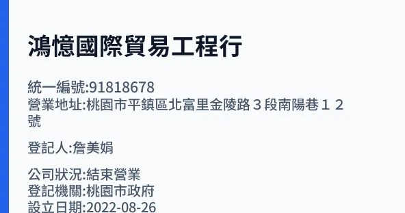 鴻憶國際貿易工程行的照片-統編 91818678(桃園市) 公司登記資料與營業項目詳細圖表
