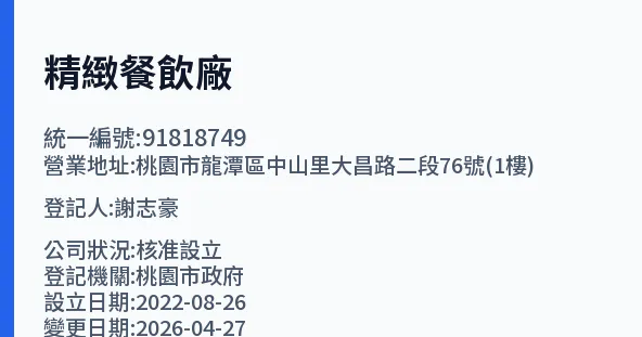 精緻餐飲廠的照片-統編 91818749(桃園市) 公司登記資料與營業項目詳細圖表