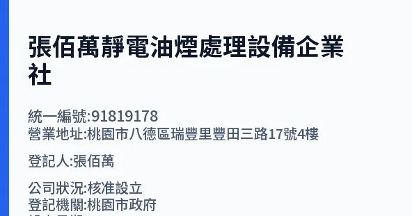 張佰萬靜電油煙處理設備企業社的照片-統編 91819178(桃園市) 公司登記資料與營業項目詳細圖表