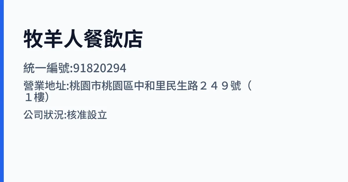 牧羊人餐飲店 - 統編 91820294(桃園市) 公司登記資料與營業項目詳細圖表