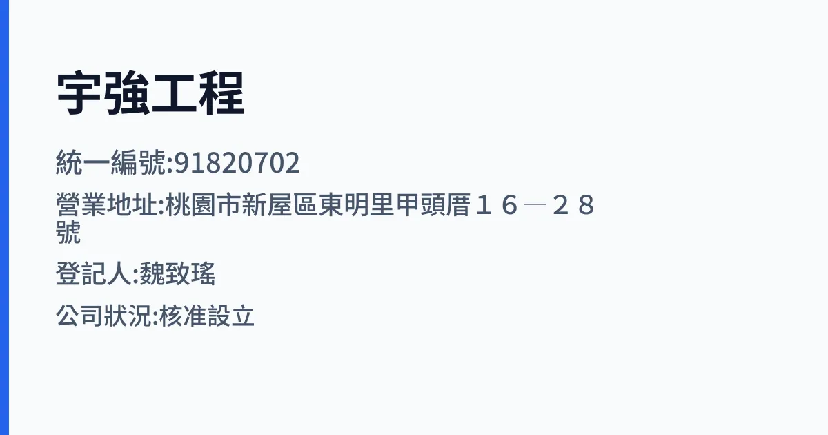 宇強工程 - 統編 91820702(桃園市) 公司登記資料與營業項目詳細圖表