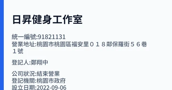 日昇健身工作室的照片-統編 91821131(桃園市) 公司登記資料與營業項目詳細圖表