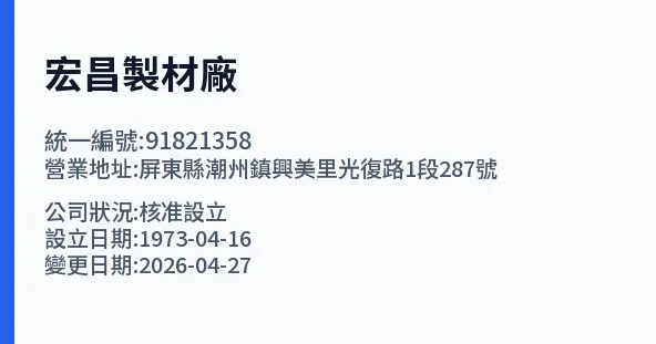 宏昌製材廠的照片-統編 91821358(屏東縣) 公司登記資料與營業項目詳細圖表