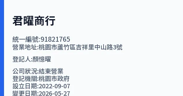 君曜商行的照片-統編 91821765(桃園市) 公司登記資料與營業項目詳細圖表