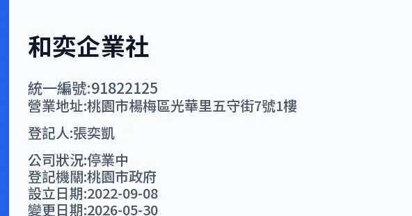 和奕企業社的照片-統編 91822125(桃園市) 公司登記資料與營業項目詳細圖表