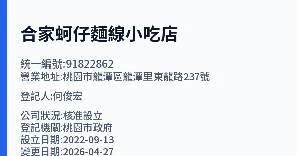 合家蚵仔麵線小吃店的照片-統編 91822862(桃園市) 公司登記資料與營業項目詳細圖表