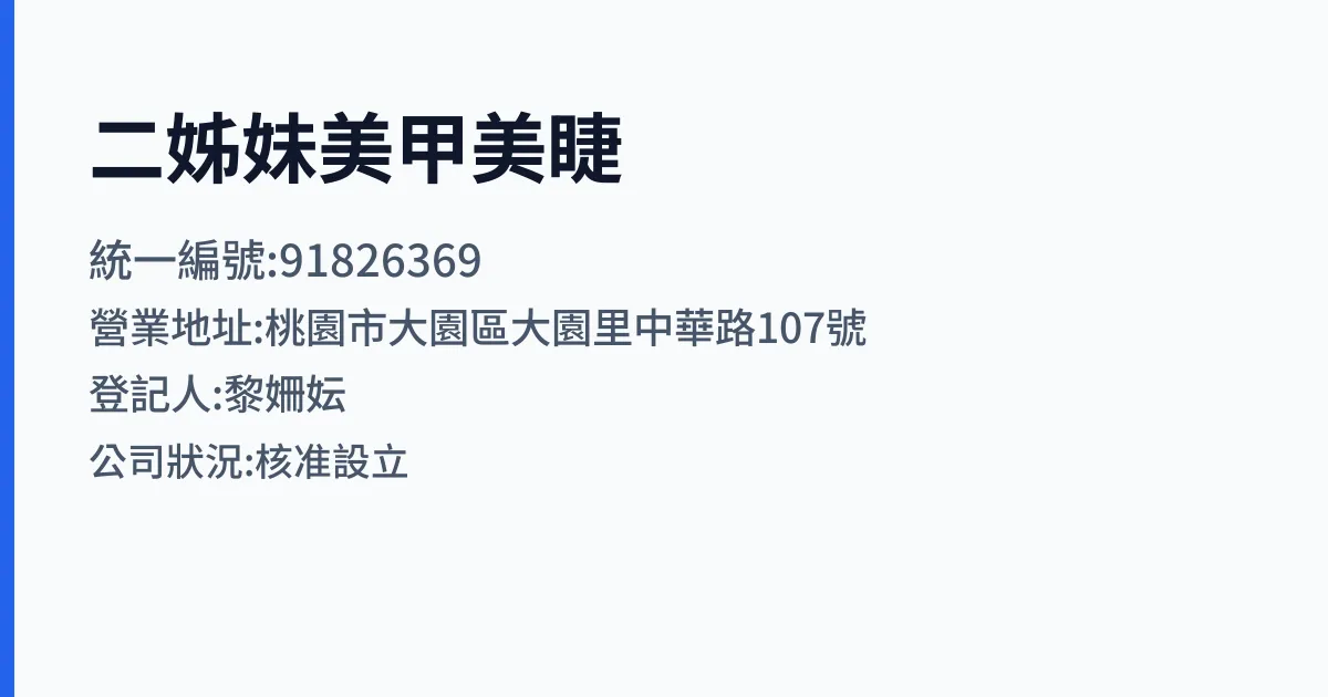二姊妹美甲美睫 - 統編 91826369(桃園市) 公司登記資料與營業項目詳細圖表