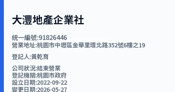 大灃地產企業社的照片-統編 91826446(桃園市) 公司登記資料與營業項目詳細圖表