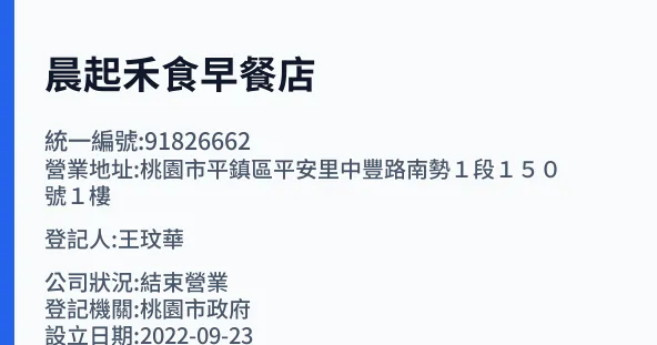 晨起禾食早餐店的照片-統編 91826662(桃園市) 公司登記資料與營業項目詳細圖表