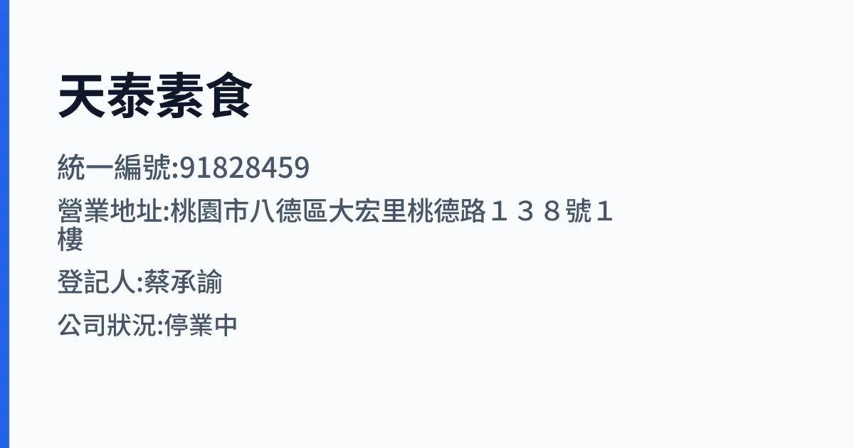 天泰素食 - 統編 91828459(桃園市) 公司登記資料與營業項目詳細圖表