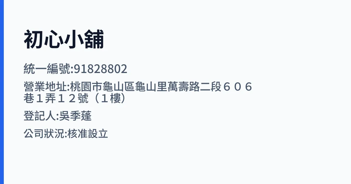 初心小舖 - 統編 91828802(桃園市) 公司登記資料與營業項目詳細圖表