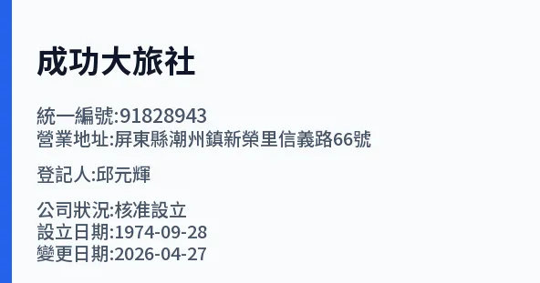成功大旅社的照片-統編 91828943(屏東縣) 公司登記資料與營業項目詳細圖表