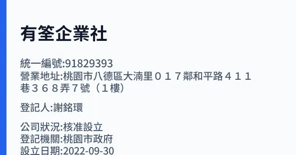有筌企業社的照片-統編 91829393(桃園市) 公司登記資料與營業項目詳細圖表