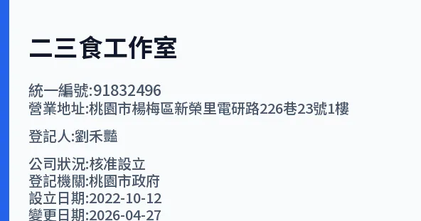 二三食工作室的照片-統編 91832496(桃園市) 公司登記資料與營業項目詳細圖表