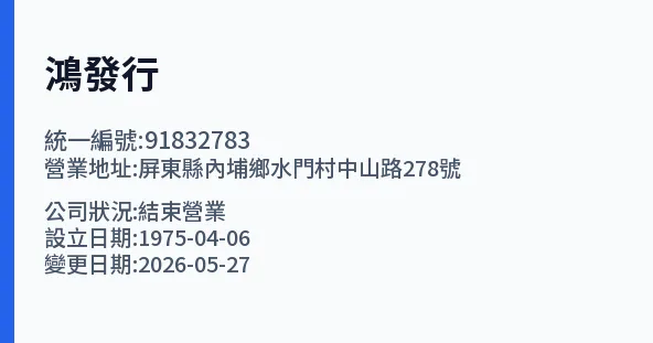 鴻發行的照片-統編 91832783(屏東縣) 公司登記資料與營業項目詳細圖表