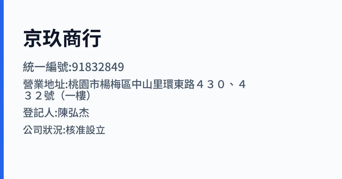 京玖商行 - 統編 91832849(桃園市) 公司登記資料與營業項目詳細圖表