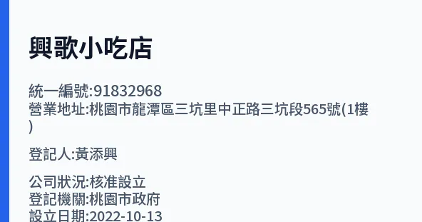 興歌小吃店的照片-統編 91832968(桃園市) 公司登記資料與營業項目詳細圖表