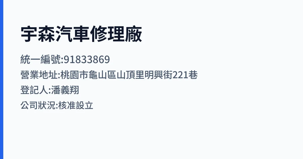 宇森汽車修理廠 - 統編 91833869(桃園市) 公司登記資料與營業項目詳細圖表