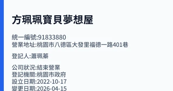 方珮珮寶貝夢想屋的照片-統編 91833880(桃園市) 公司登記資料與營業項目詳細圖表