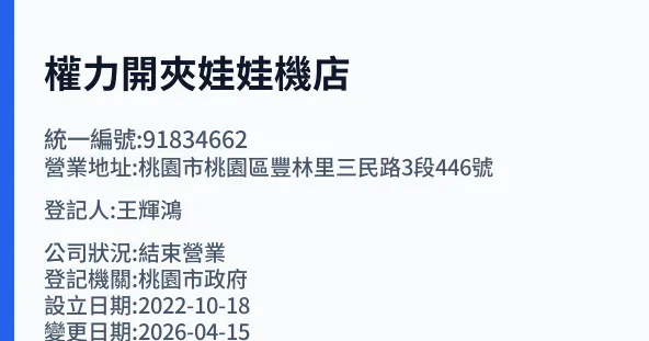 權力開夾娃娃機店的照片-統編 91834662(桃園市) 公司登記資料與營業項目詳細圖表