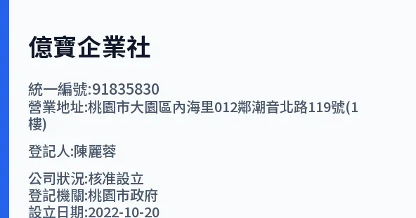 億寶企業社的照片-統編 91835830(桃園市) 公司登記資料與營業項目詳細圖表