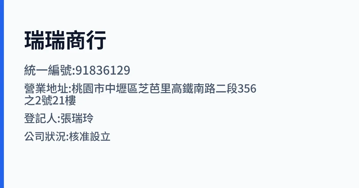 瑞瑞商行 - 統編 91836129(桃園市) 公司登記資料與營業項目詳細圖表