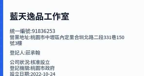 藍天逸品工作室的照片-統編 91836253(桃園市) 公司登記資料與營業項目詳細圖表