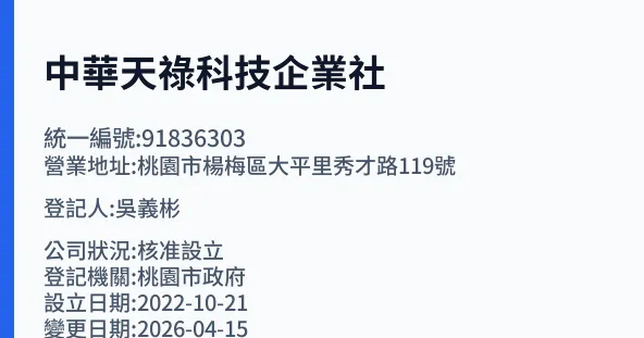 中華天祿科技企業社的照片-統編 91836303(桃園市) 公司登記資料與營業項目詳細圖表