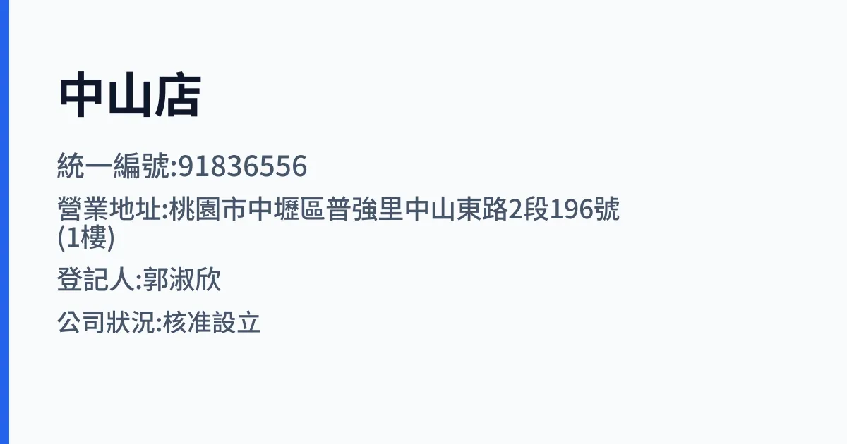 中山店 - 統編 91836556(桃園市) 公司登記資料與營業項目詳細圖表