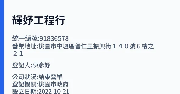 輝妤工程行的照片-統編 91836578(桃園市) 公司登記資料與營業項目詳細圖表