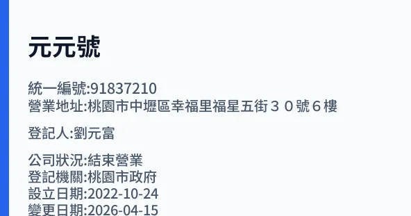 元元號的照片-統編 91837210(桃園市) 公司登記資料與營業項目詳細圖表