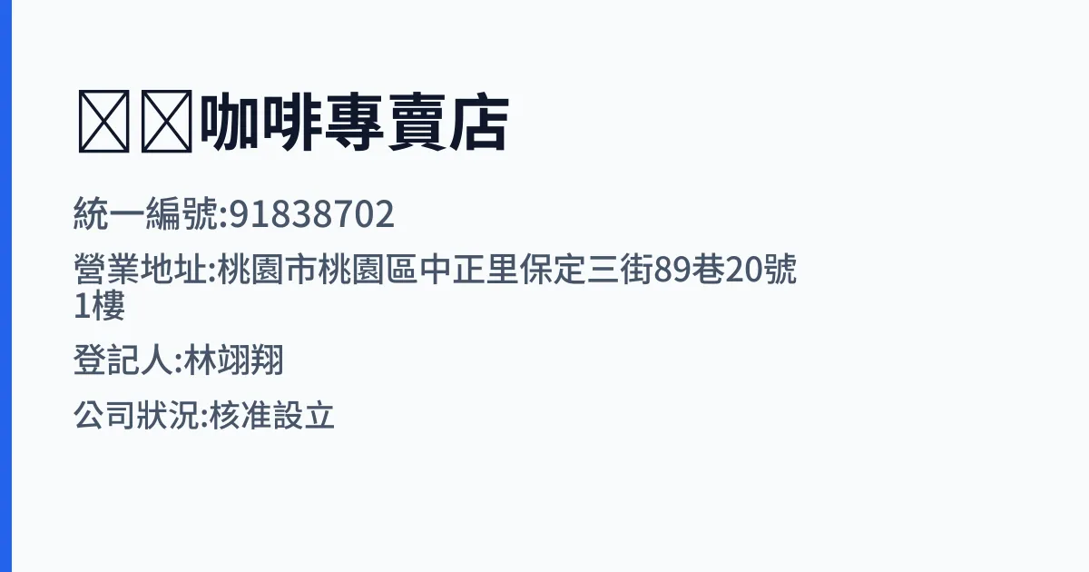 寷莀咖啡專賣店 - 統編 91838702(桃園市) 公司登記資料與營業項目詳細圖表