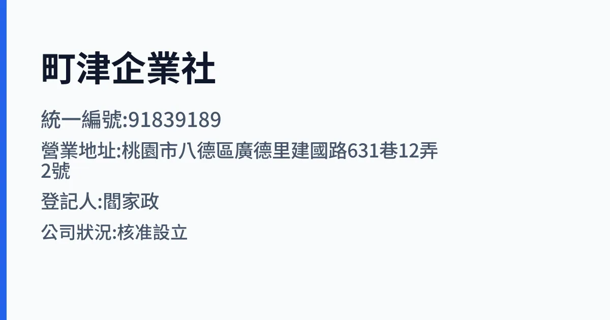 町津企業社 - 統編 91839189(桃園市) 公司登記資料與營業項目詳細圖表
