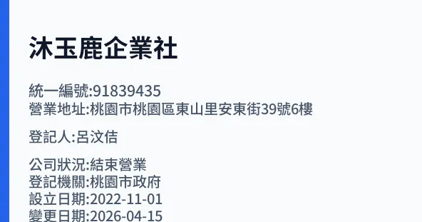 沐玉鹿企業社的照片-統編 91839435(桃園市) 公司登記資料與營業項目詳細圖表