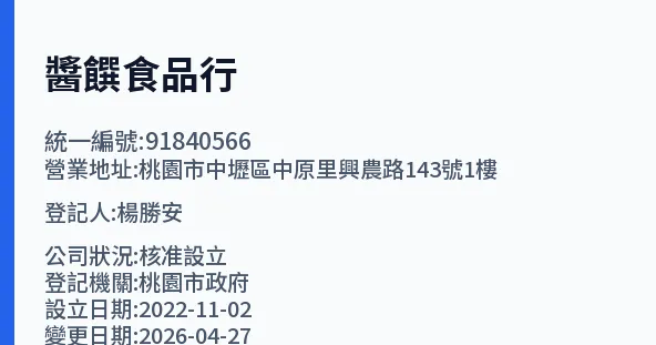 醬饌食品行的照片-統編 91840566(桃園市) 公司登記資料與營業項目詳細圖表