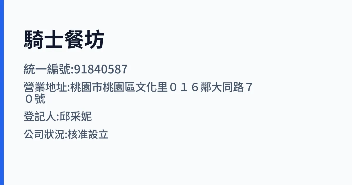 騎士餐坊 - 統編 91840587(桃園市) 公司登記資料與營業項目詳細圖表