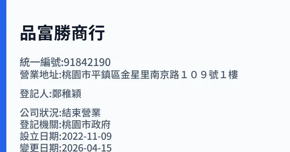 品富勝商行的照片-統編 91842190(桃園市) 公司登記資料與營業項目詳細圖表