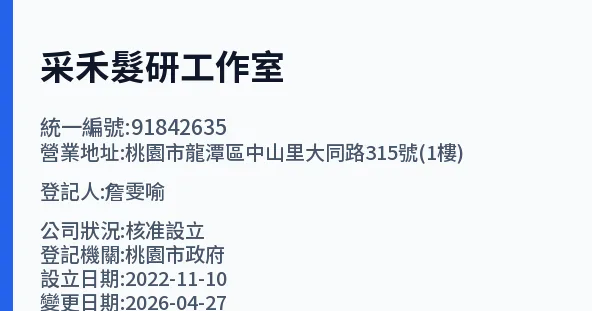 采禾髮研工作室的照片-統編 91842635(桃園市) 公司登記資料與營業項目詳細圖表