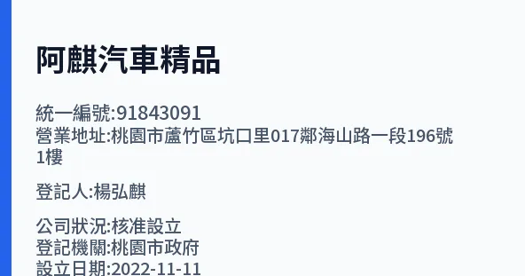阿麒汽車精品的照片-統編 91843091(桃園市) 公司登記資料與營業項目詳細圖表