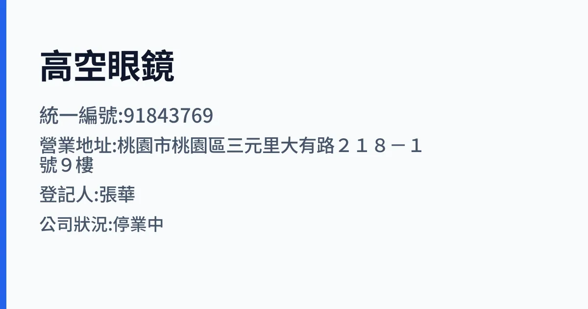高空眼鏡 - 統編 91843769(桃園市) 公司登記資料與營業項目詳細圖表