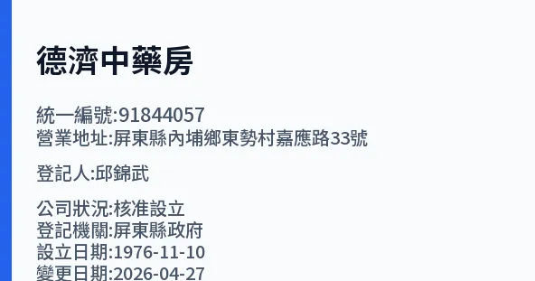 德濟中藥房的照片-統編 91844057(屏東縣) 公司登記資料與營業項目詳細圖表
