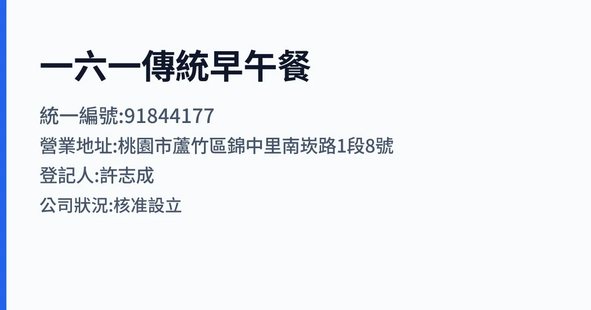 一六一傳統早午餐 - 統編 91844177(桃園市) 公司登記資料與營業項目詳細圖表