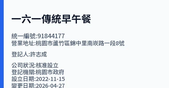 一六一傳統早午餐的照片-統編 91844177(桃園市) 公司登記資料與營業項目詳細圖表