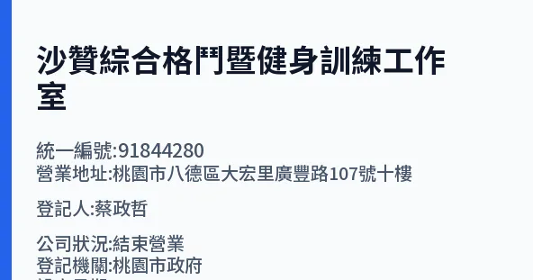 沙贊綜合格鬥暨健身訓練工作室的照片-統編 91844280(桃園市) 公司登記資料與營業項目詳細圖表