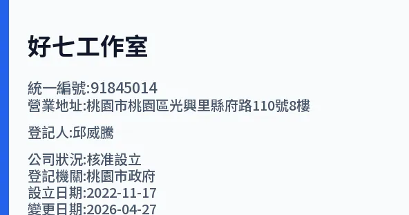 好七工作室的照片-統編 91845014(桃園市) 公司登記資料與營業項目詳細圖表