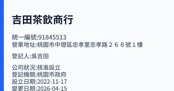吉田茶飲商行的照片-統編 91845513(桃園市) 公司登記資料與營業項目詳細圖表