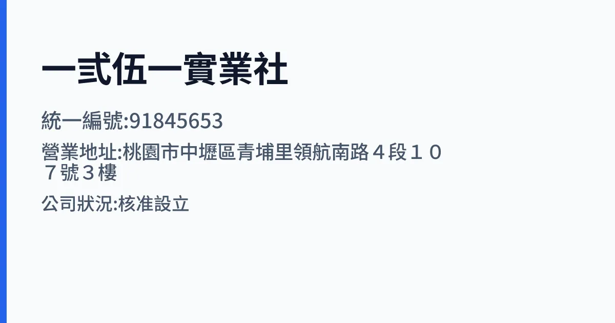一弎伍一實業社 - 統編 91845653(桃園市) 公司登記資料與營業項目詳細圖表