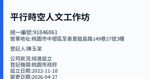 平行時空人文工作坊的照片-統編 91846061(桃園市) 公司登記資料與營業項目詳細圖表